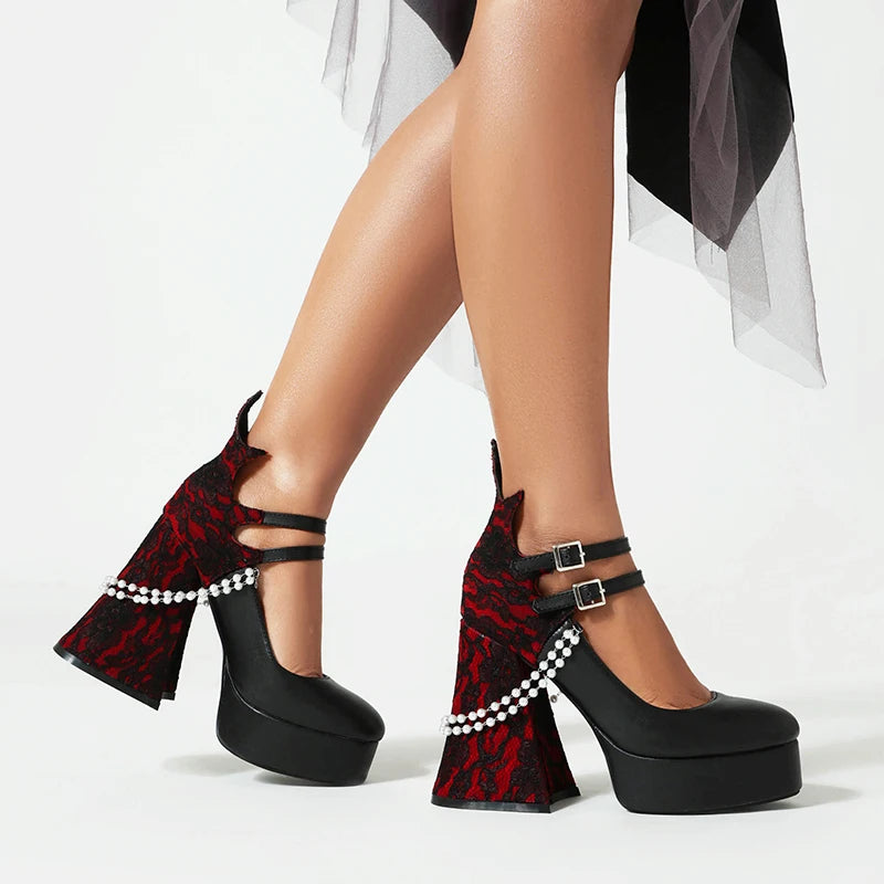 Gothic Lace Platform Heels With Pearl Straps on Luulla