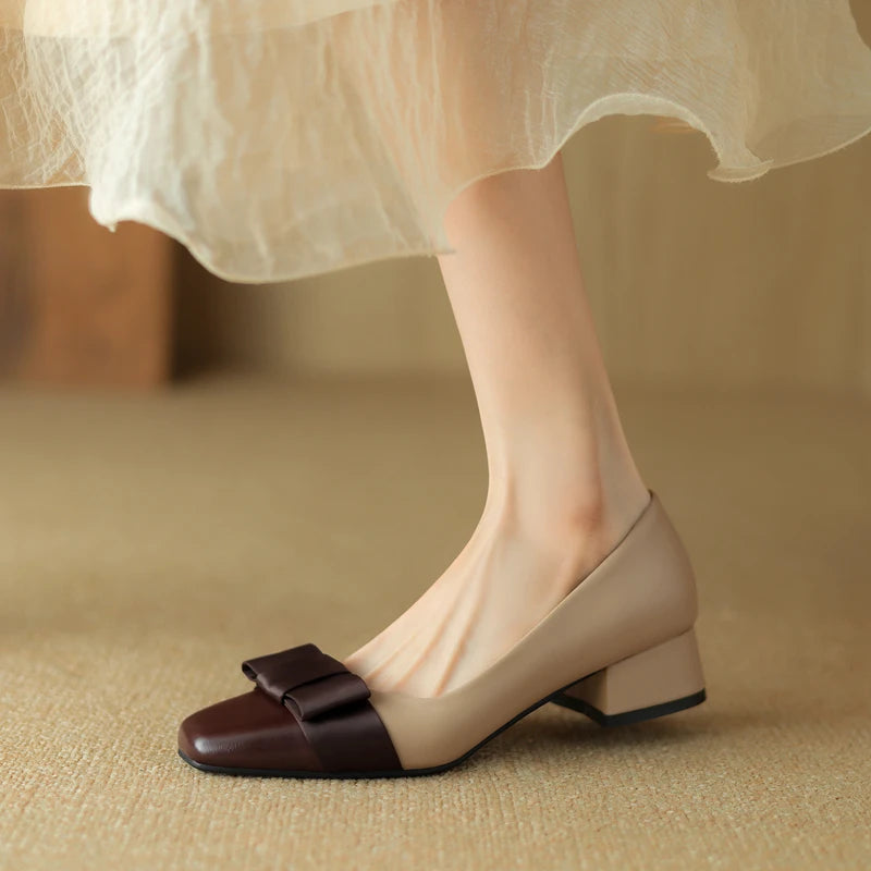 Elegant Two-tone Leather Bow Block Heels on Luulla