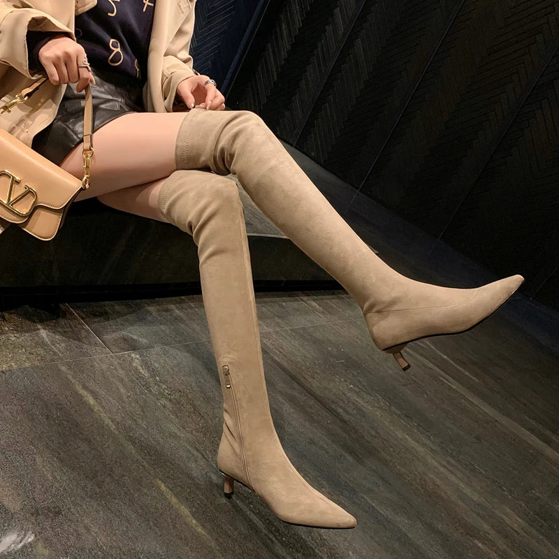 Womens Beige Suede Over-the-knee Heeled Boots on Luulla