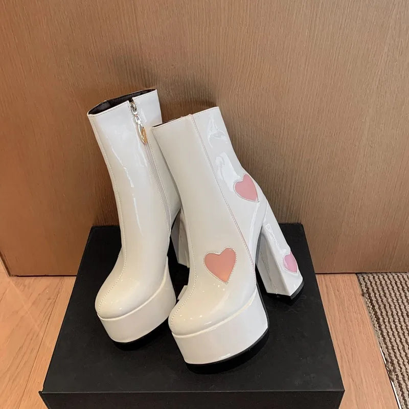 White Patent Leather Heart Platform Ankle Boots on Luulla
