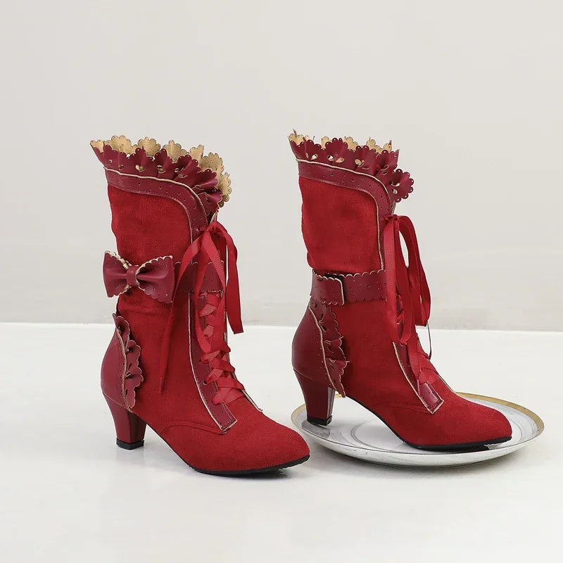Elegant Red Victorian Lace-up Ankle Boots on Luulla