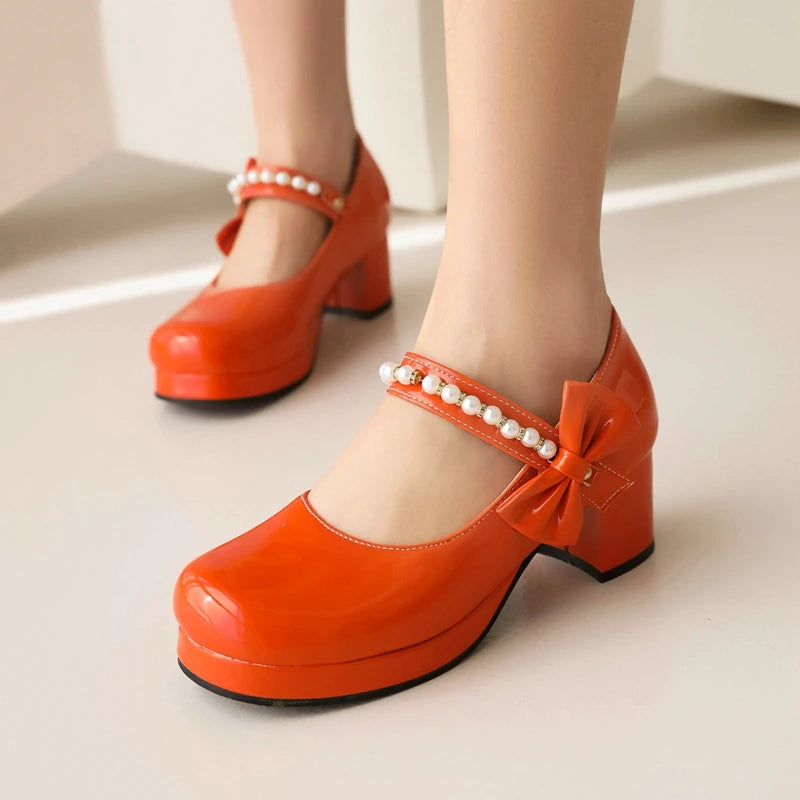 Elegant Red Mary Jane Heels With Pearls on Luulla