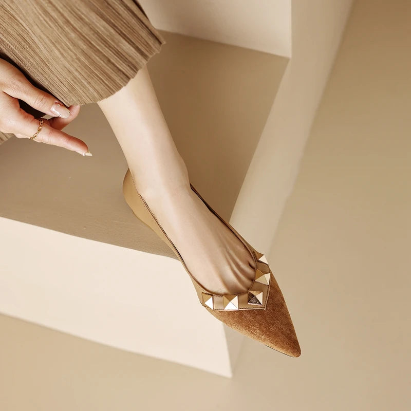 Studded Beige Pointed-toe Flats For Women on Luulla
