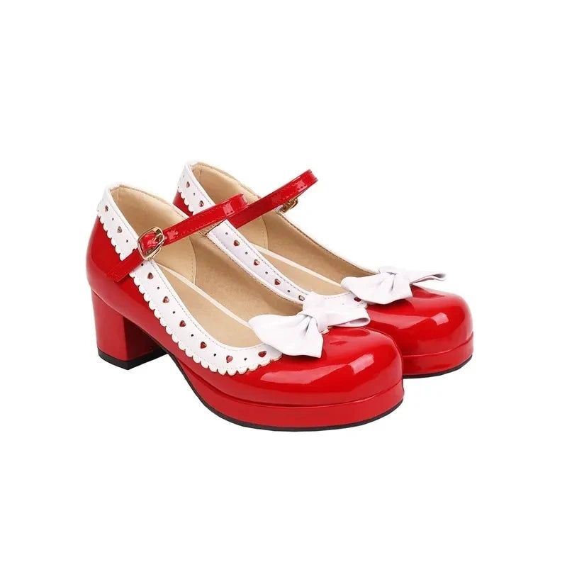Vintage-inspired Red Heels With White Trim Bow on Luulla