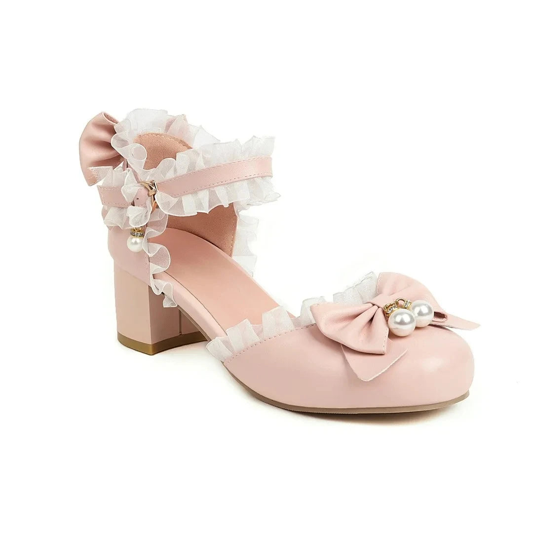 Pink Ruffled Chunky Heel Shoes With Bows on Luulla