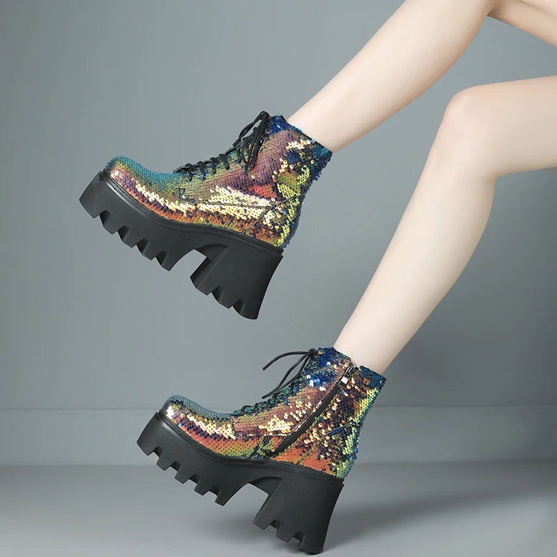 Rainbow Sequin High Platform Ankle Boots Women on Luulla