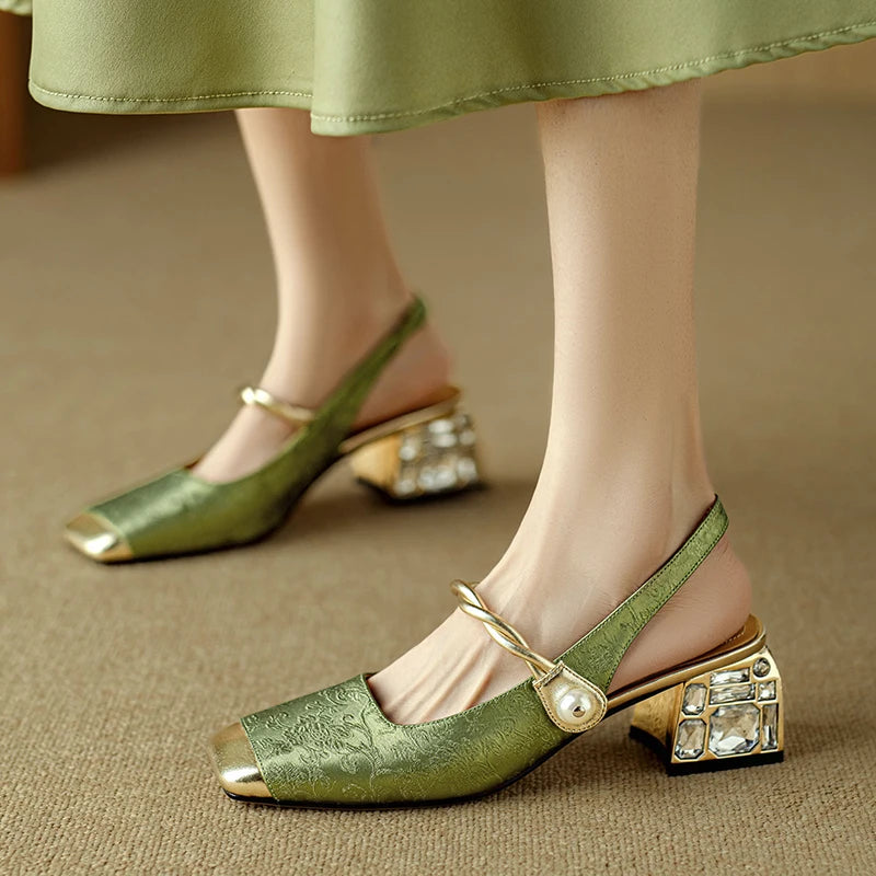 Elegant Green Embellished Block Heel Slingbacks on Luulla