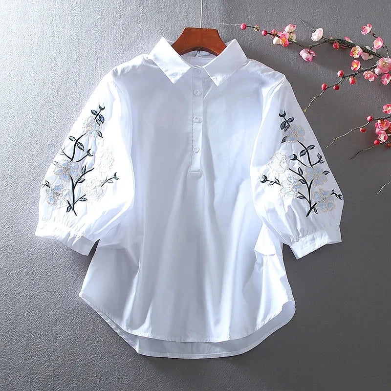 Floral Embroidered White Blouse With Puff Sleeves on Luulla