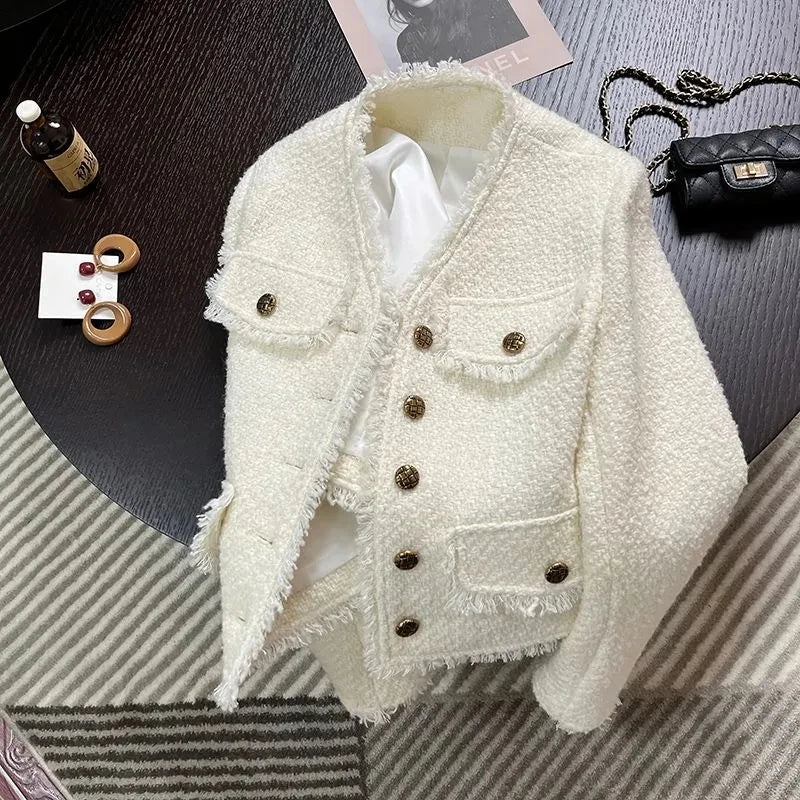 Chic White Button-down Bouclé Jacket For Women on Luulla