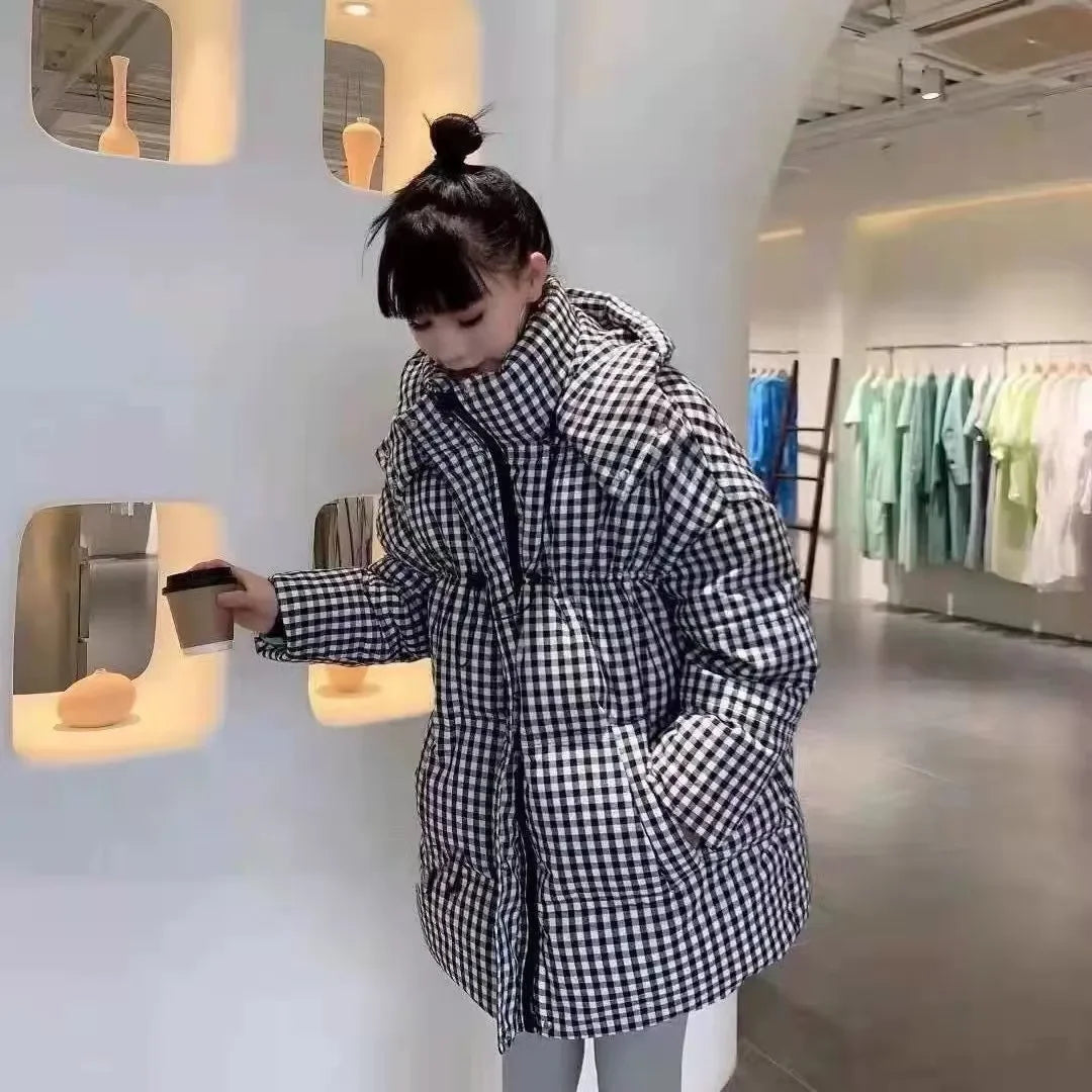 Checkered Winter Puffer Coat With High Collar on Luulla