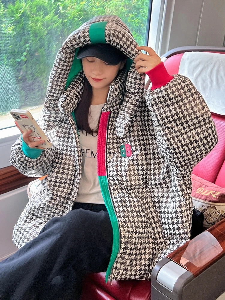 Houndstooth Oversized Hooded Jacket With Color Accents E on Luulla