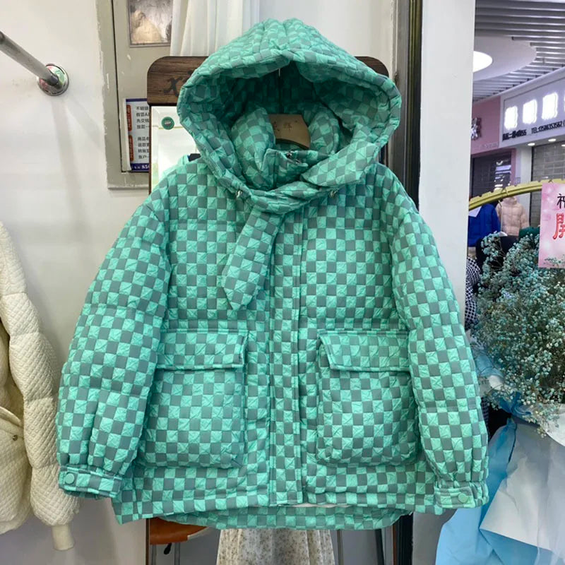 Cozy Checkered Hooded Winter Puffer Coat on Luulla