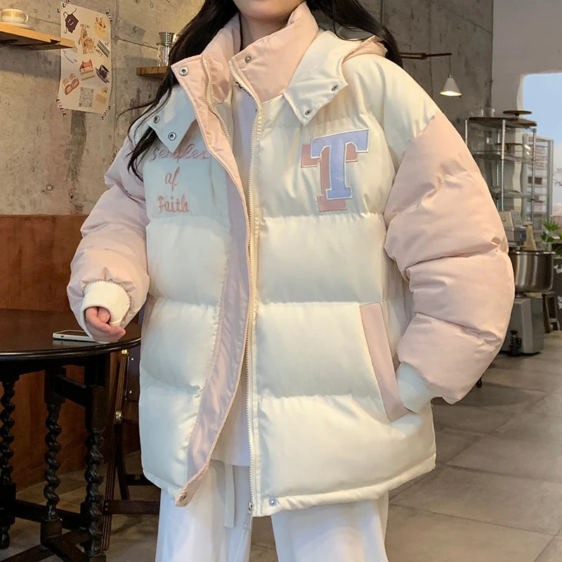 Cozy Two-tone Puffer Jacket With Pockets on Luulla