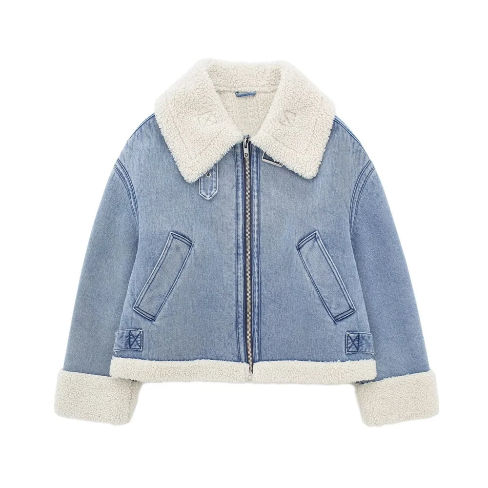 Cozy Shearling Lined Denim Jacket For Women on Luulla