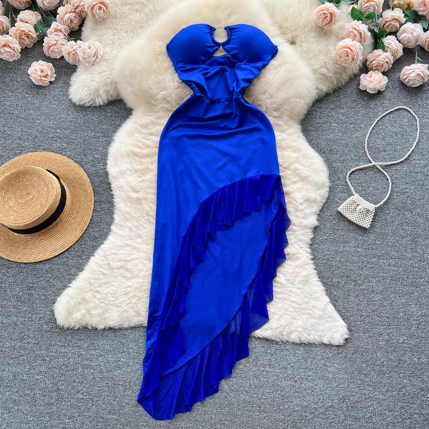 Stunning Blue Ruffled Maxi Dress With Bow on Luulla