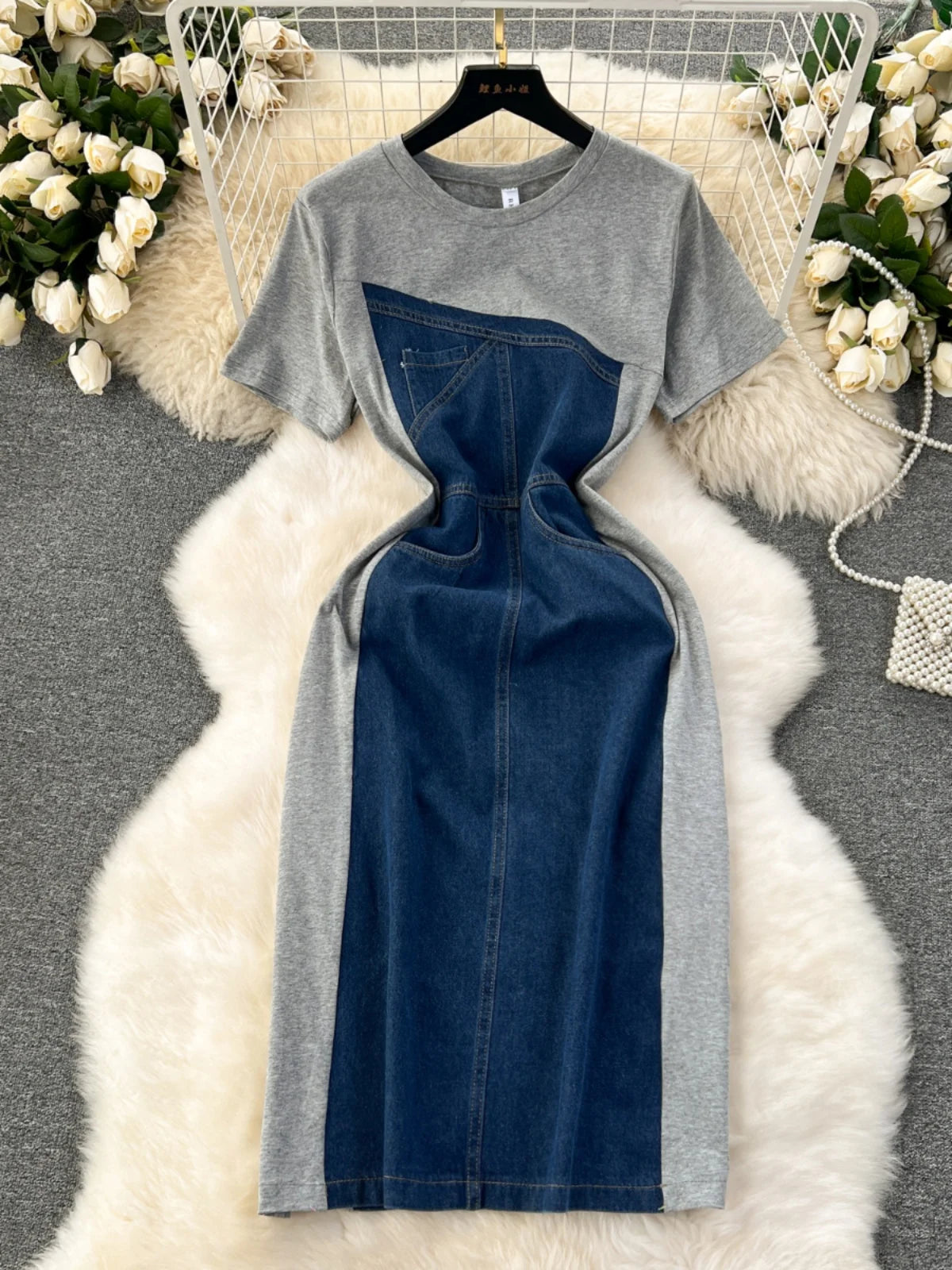 Casual Denim Colorblock Short Sleeve Midi Dress on Luulla