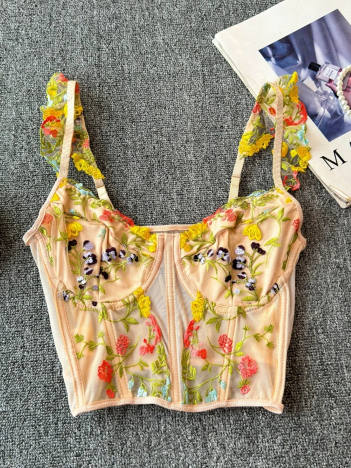 Floral Embroidered Sheer Mesh Strap Corset Top on Luulla