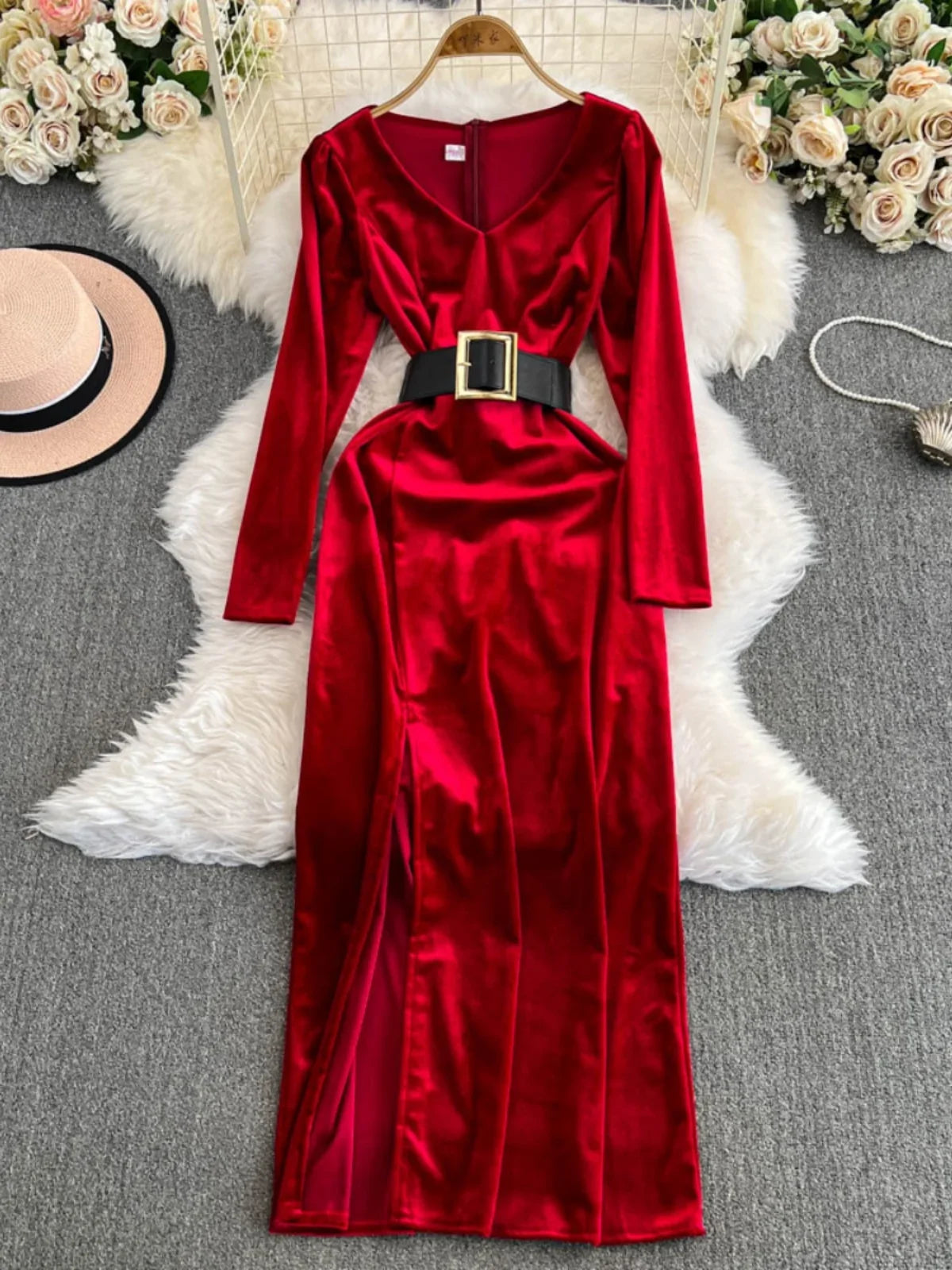 Red Velvet Midi Dress With Belted Waist on Luulla