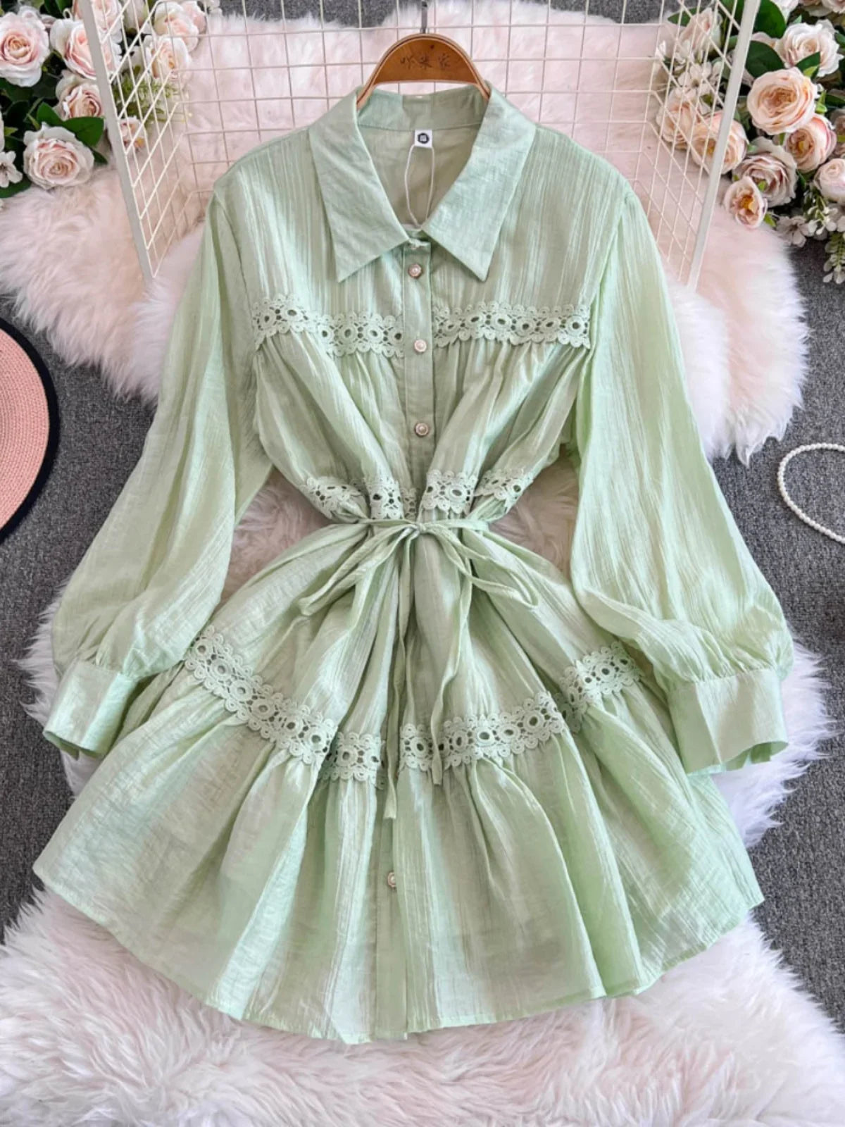 Lace-trimmed Light Green Button-up Dress on Luulla