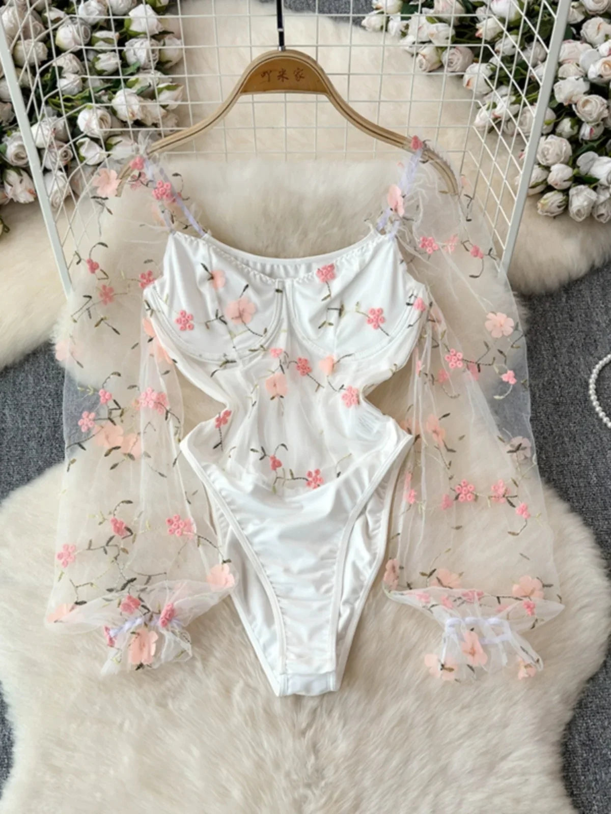 Floral Embroidered Sheer Mesh Bodysuit With Sleeves on Luulla