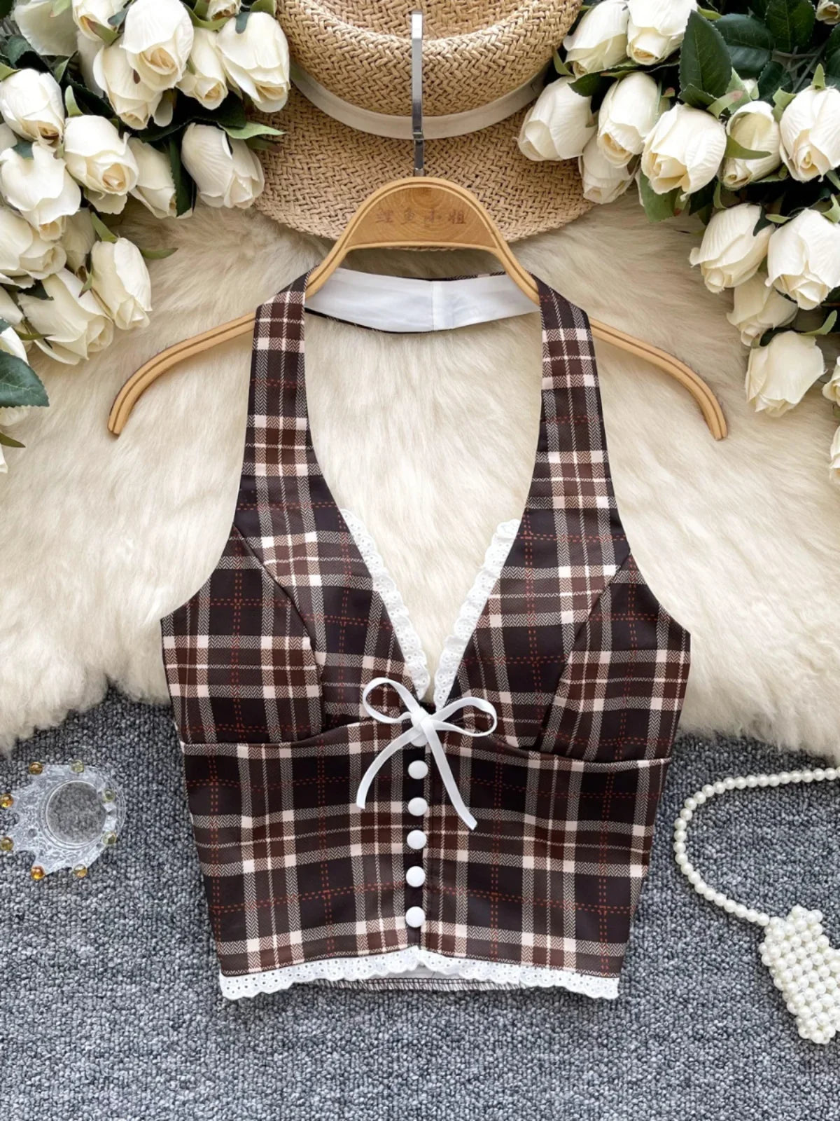 Plaid Halter Top With Buttons And Bow on Luulla