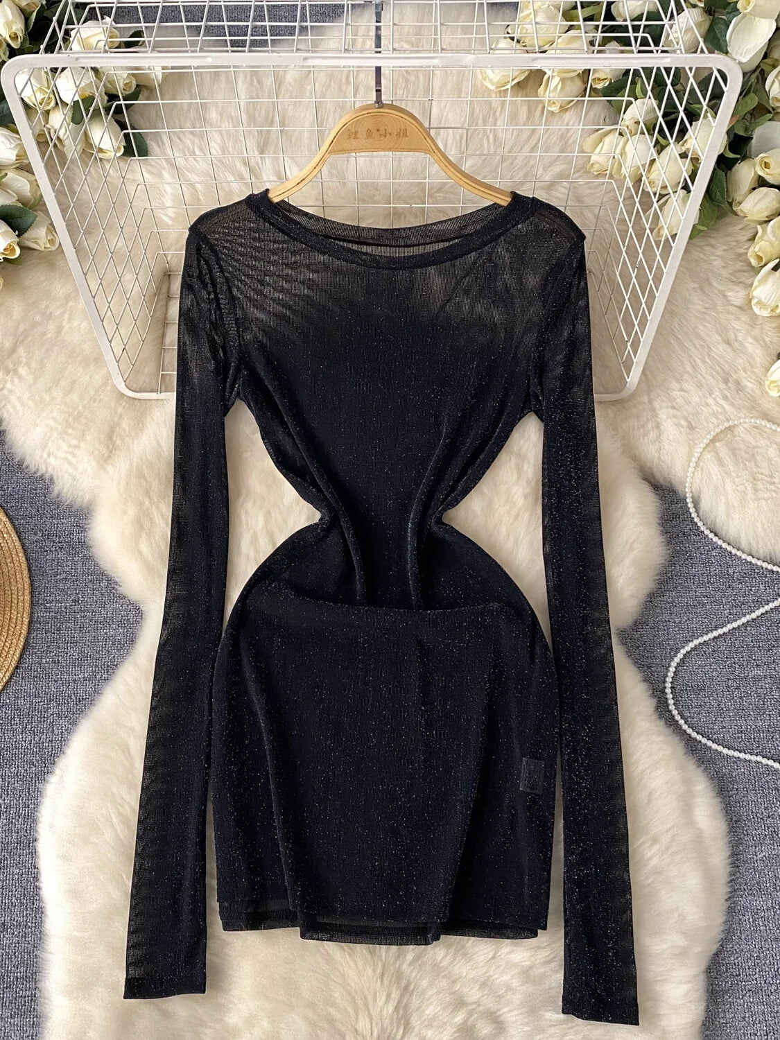 Black Mesh Long Sleeve Curve-hugging Party Dress on Luulla