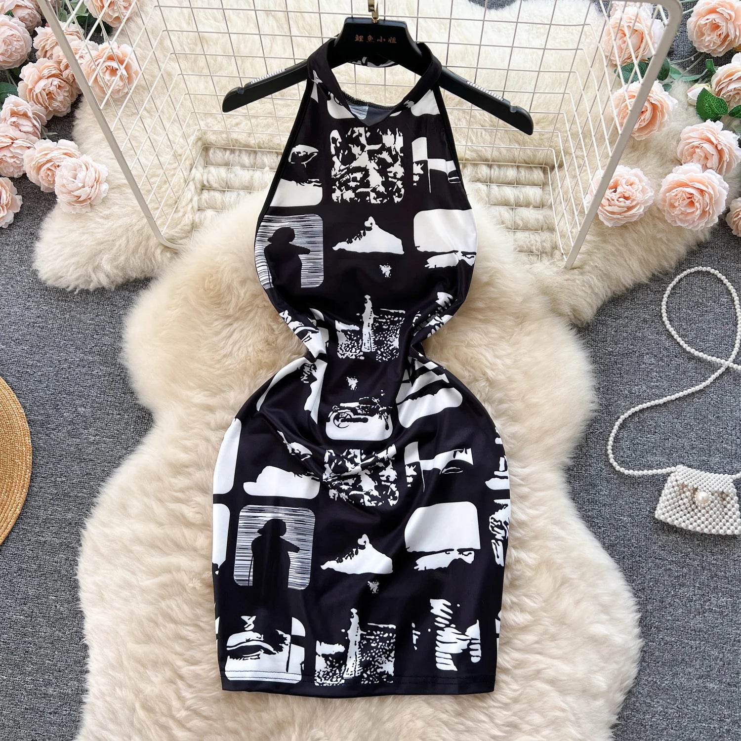 Black And White Halter Neck Silhouette Dress on Luulla