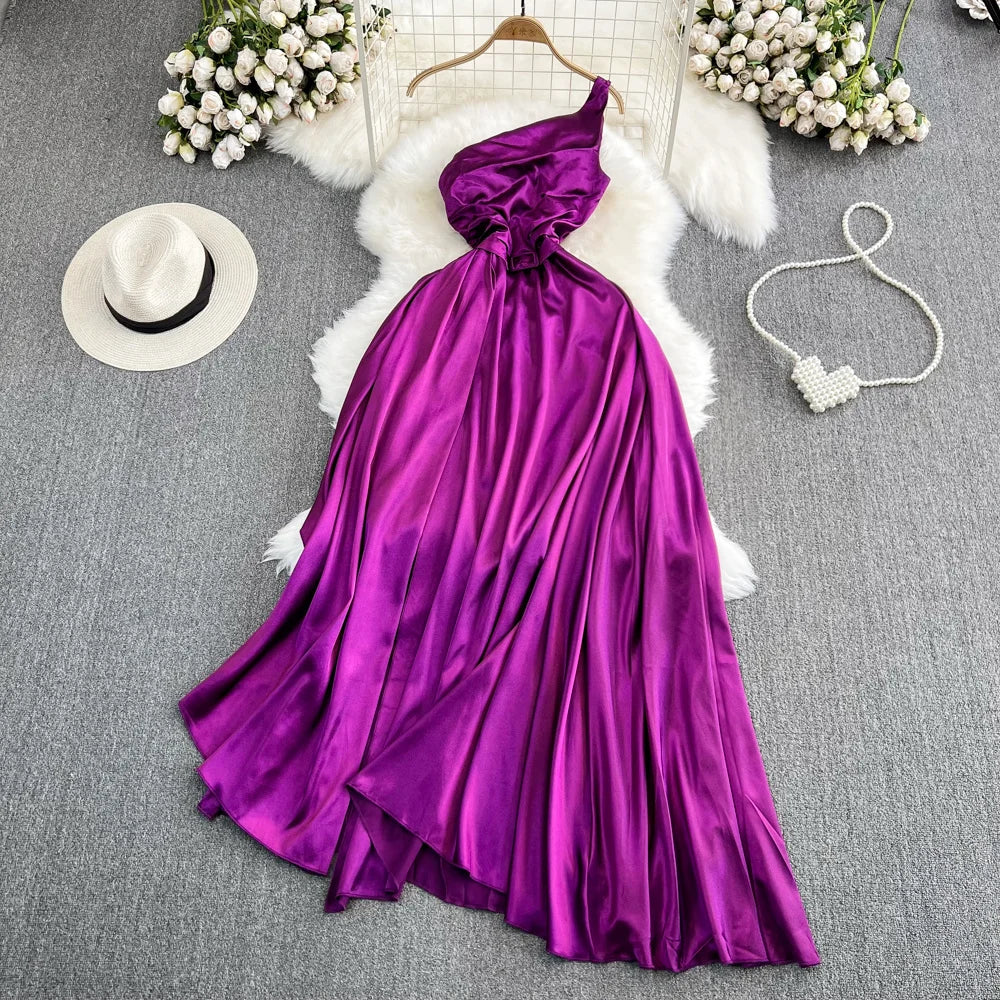 Luxurious Purple Satin Evening Gown With Train on Luulla