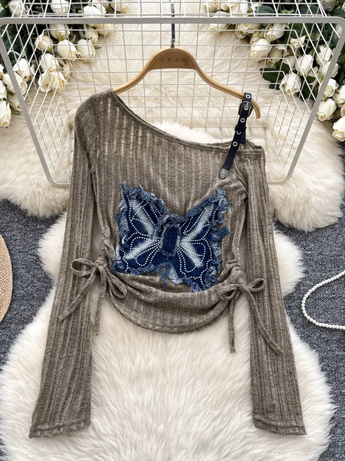 Asymmetric Ribbed Top With Butterfly Embroidery Design on Luulla