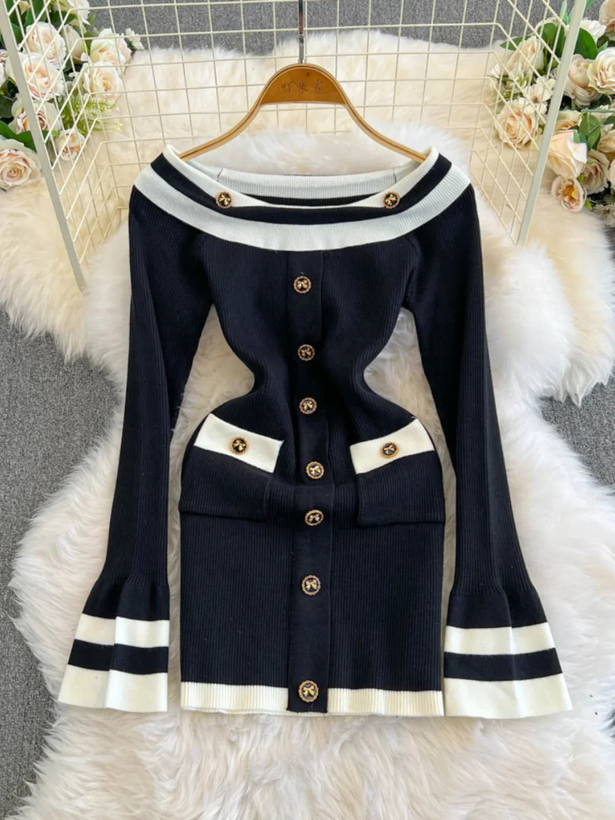 Stylish Black Buttoned Dress With White Accents on Luulla