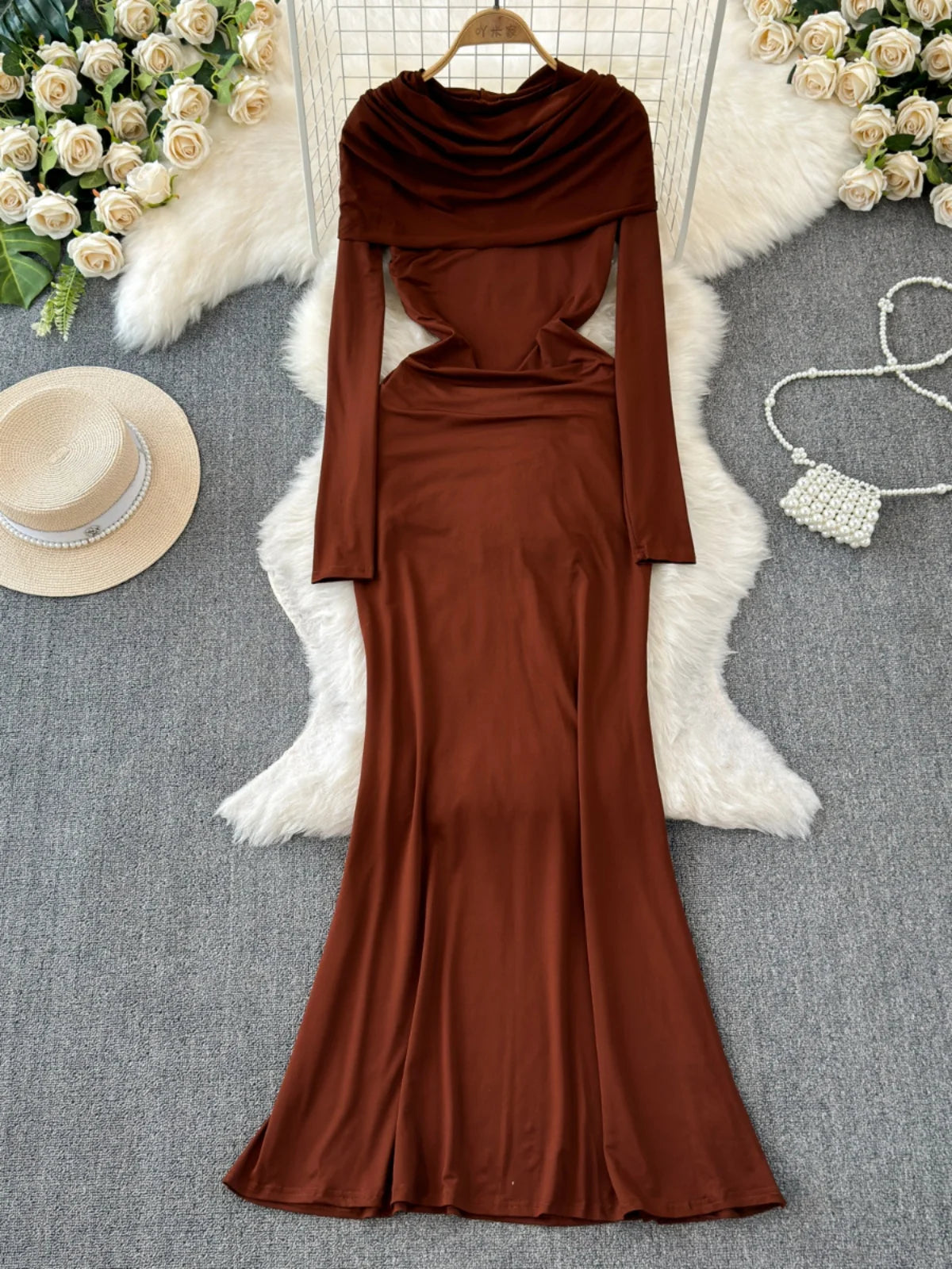 Long Sleeve Rust Satin Maxi Dress Elegant on Luulla