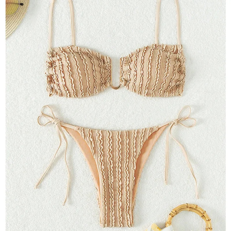 Textured Striped String Bikini With Adjustable Straps on Luulla