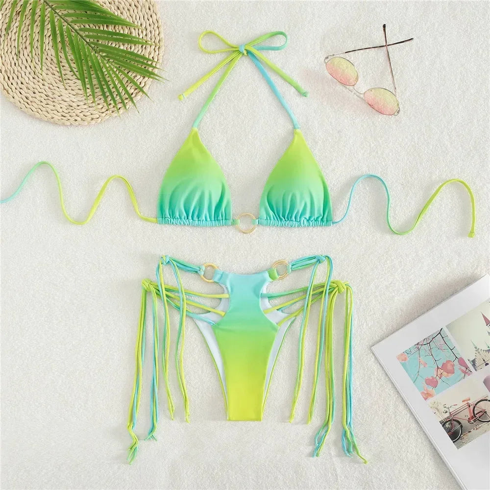 Vibrant Tie-dye Triangle Bikini With Tassel Strings on Luulla