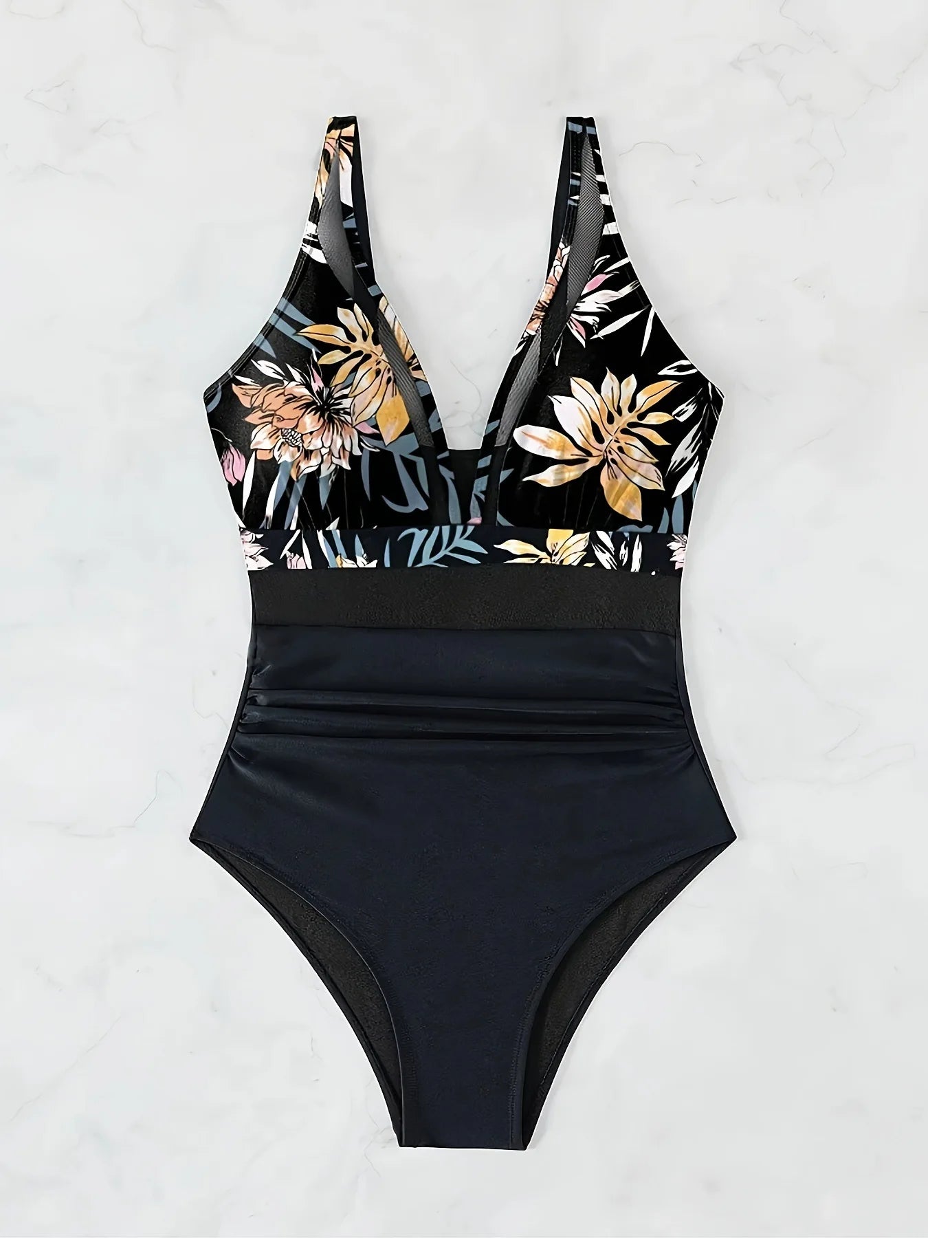 Floral V-neck Swimsuit With Mesh Panels on Luulla