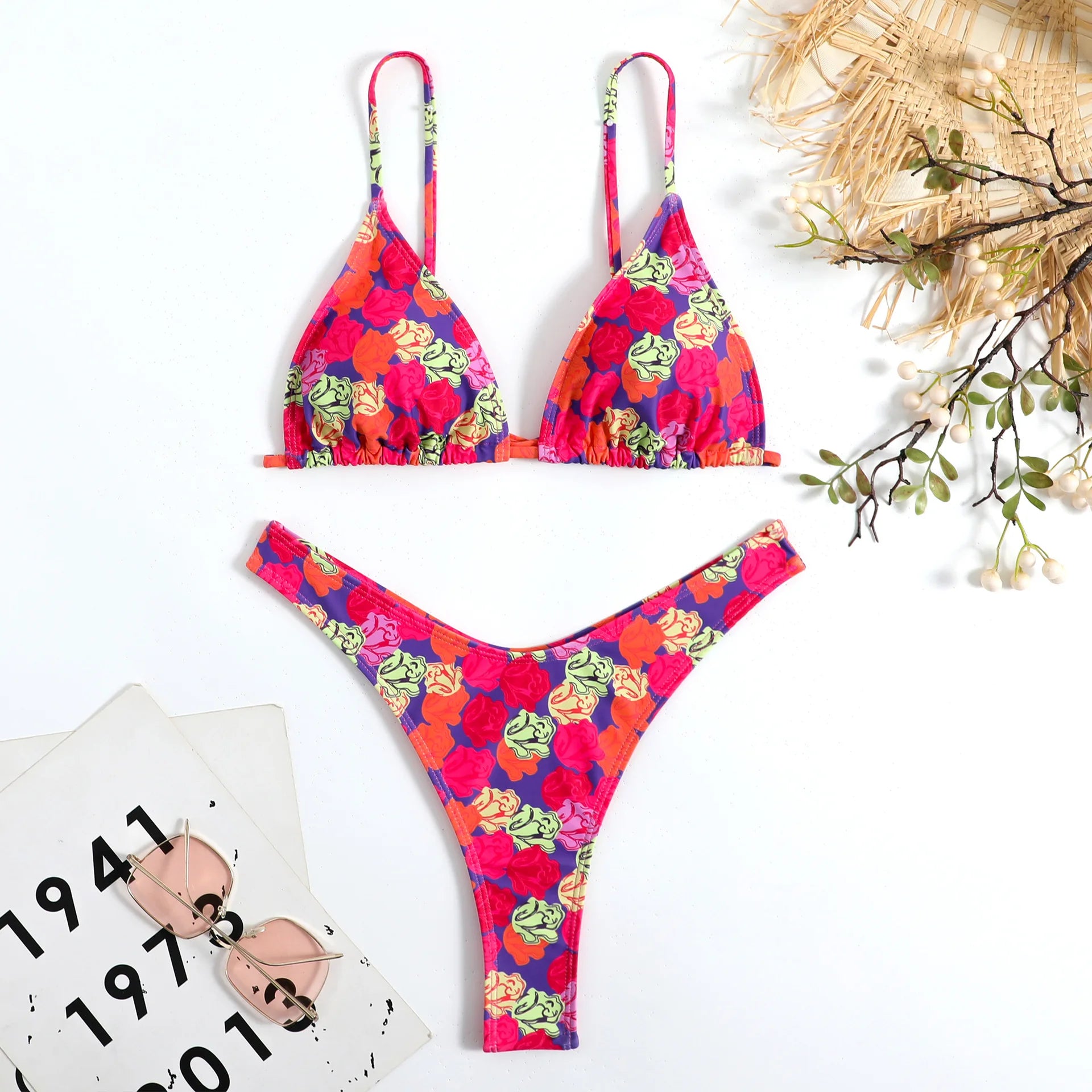 Vibrant Floral String Bikini With Adjustable Straps on Luulla