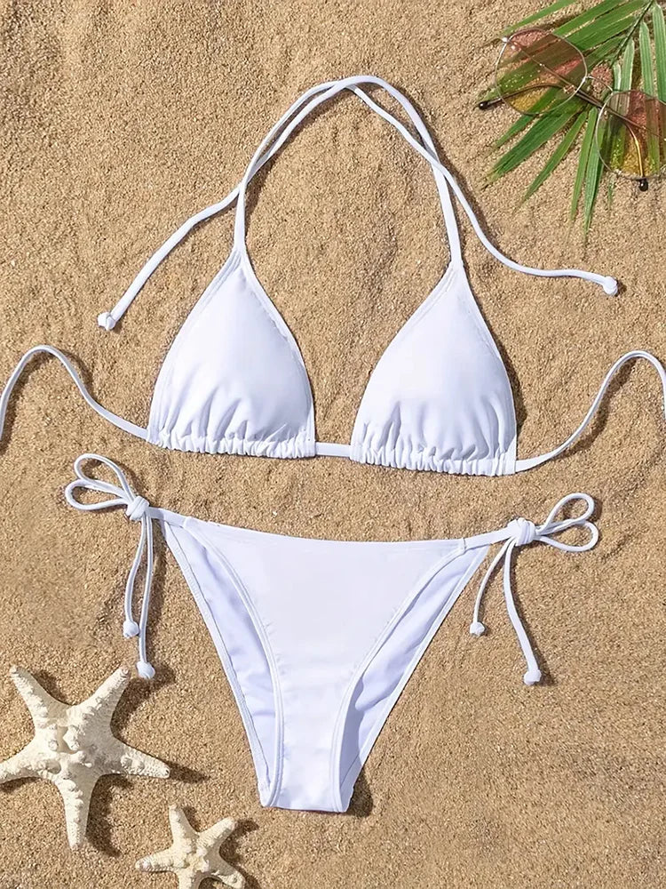 White Adjustable Triangle Bikini With Halter Straps on Luulla
