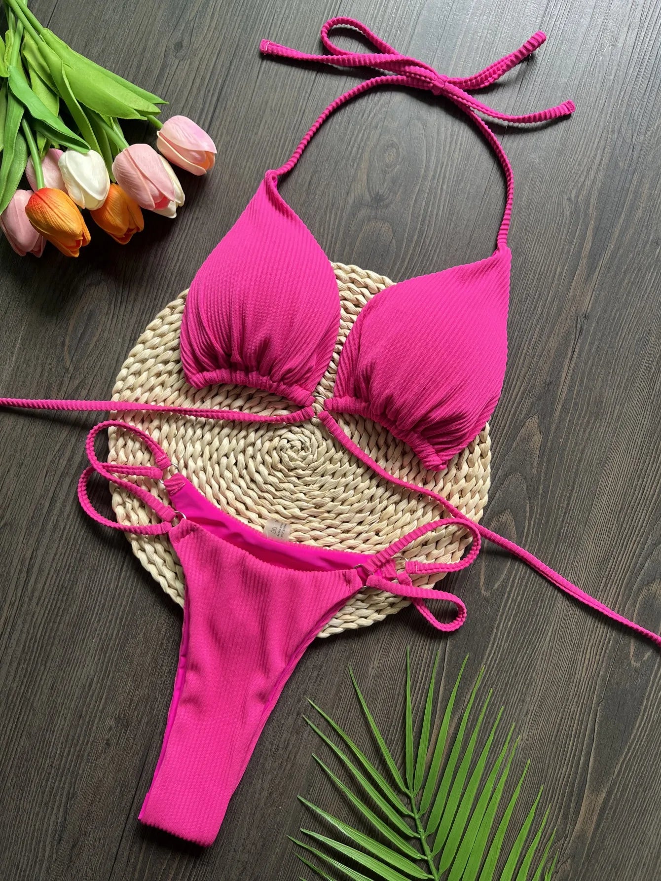 Pink Ribbed Tie String Bikini Swimsuit on Luulla