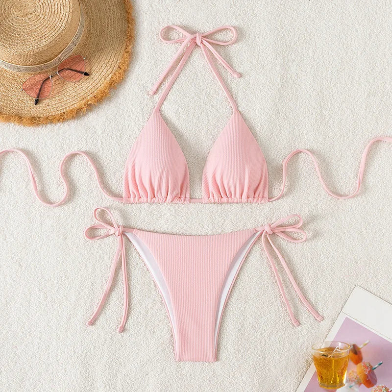 Adjustable Pink Halter Bikini With Tie Straps on Luulla