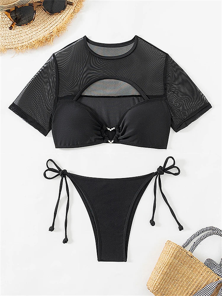 Black Mesh 3-piece Swimwear With Bandeau on Luulla
