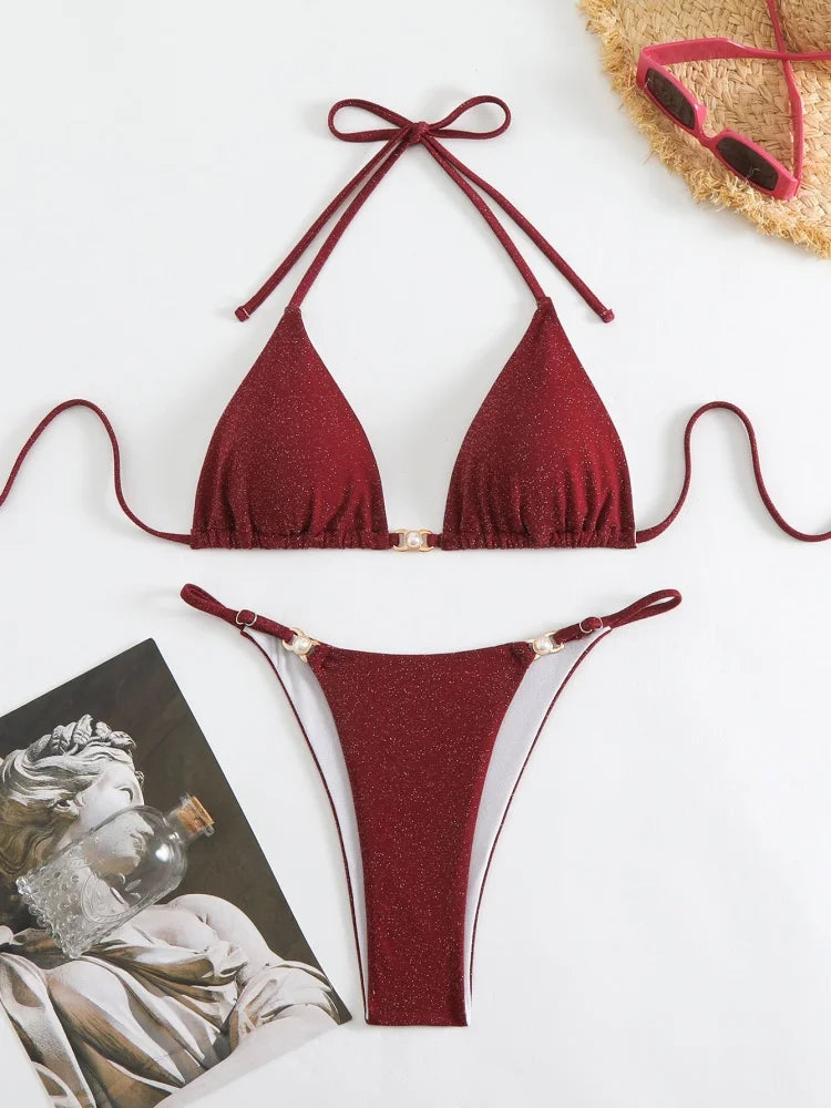 Sparkling Red Halter Bikini With Adjustable Straps on Luulla