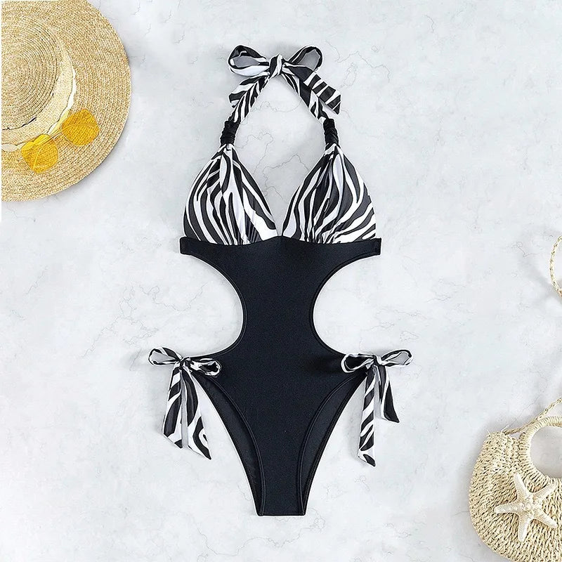 Zebra Print Monokini With Adjustable Ties Swimsuit on Luulla