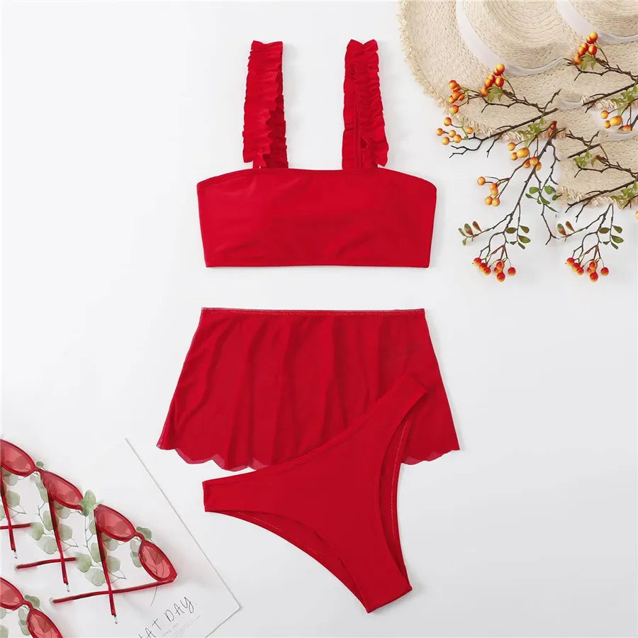 Red Ruffled Bikini Three Piece Swimwear Collection on Luulla