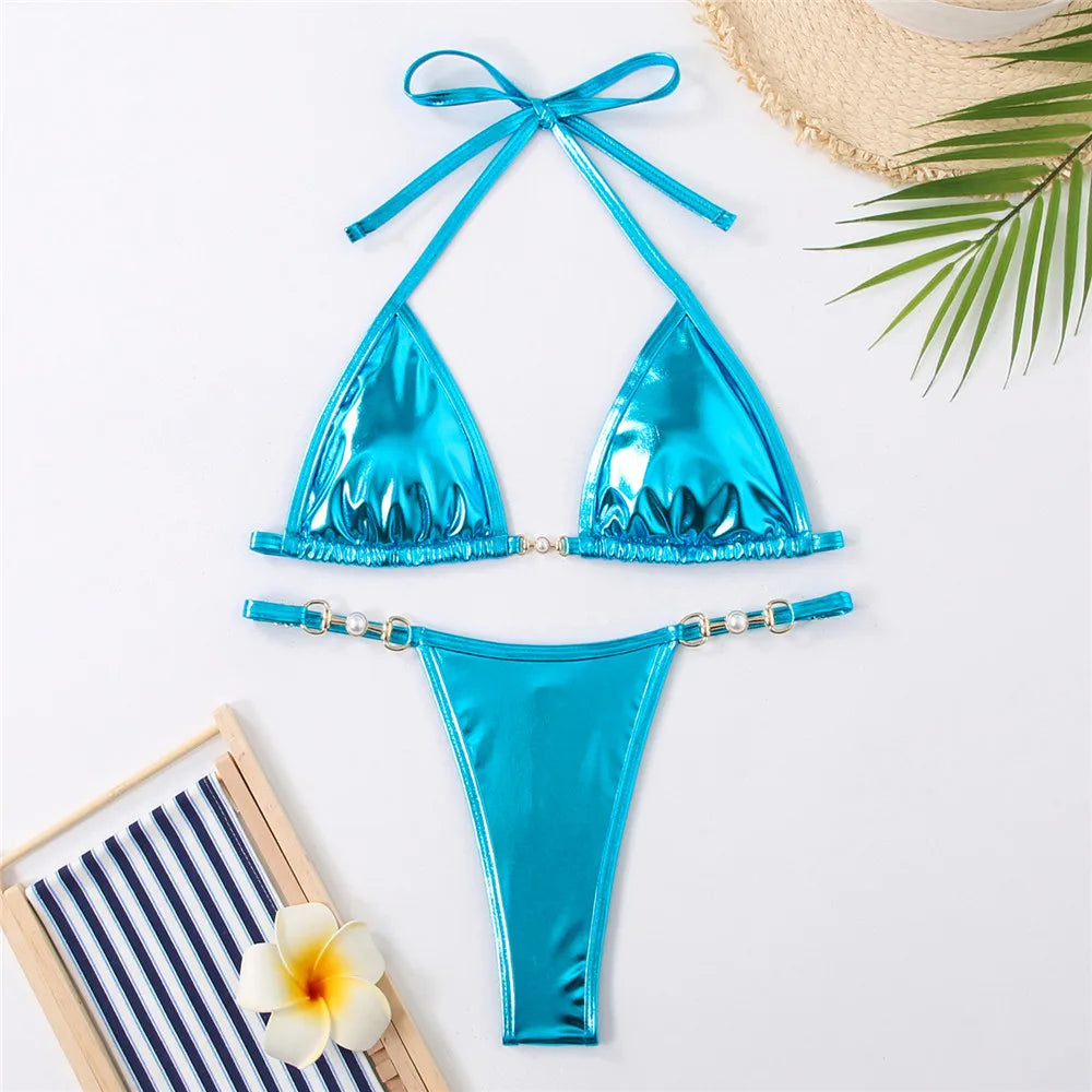 Shiny Halter Bikini With Adjustable Straps on Luulla