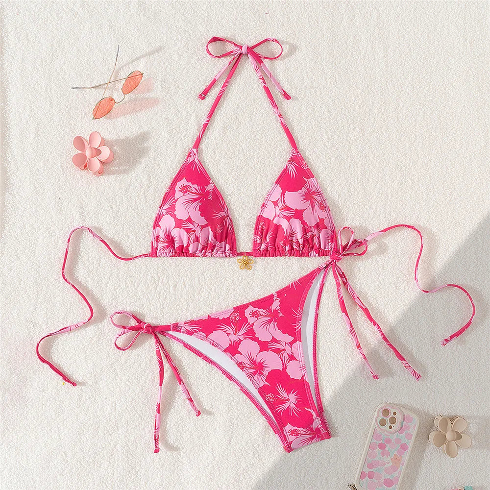 Floral Pink Tie-string Triangle Bikini Swimwear on Luulla