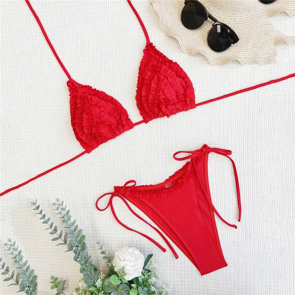 Vibrant Red Ruffle Bikini - Adjustable Ties on Luulla