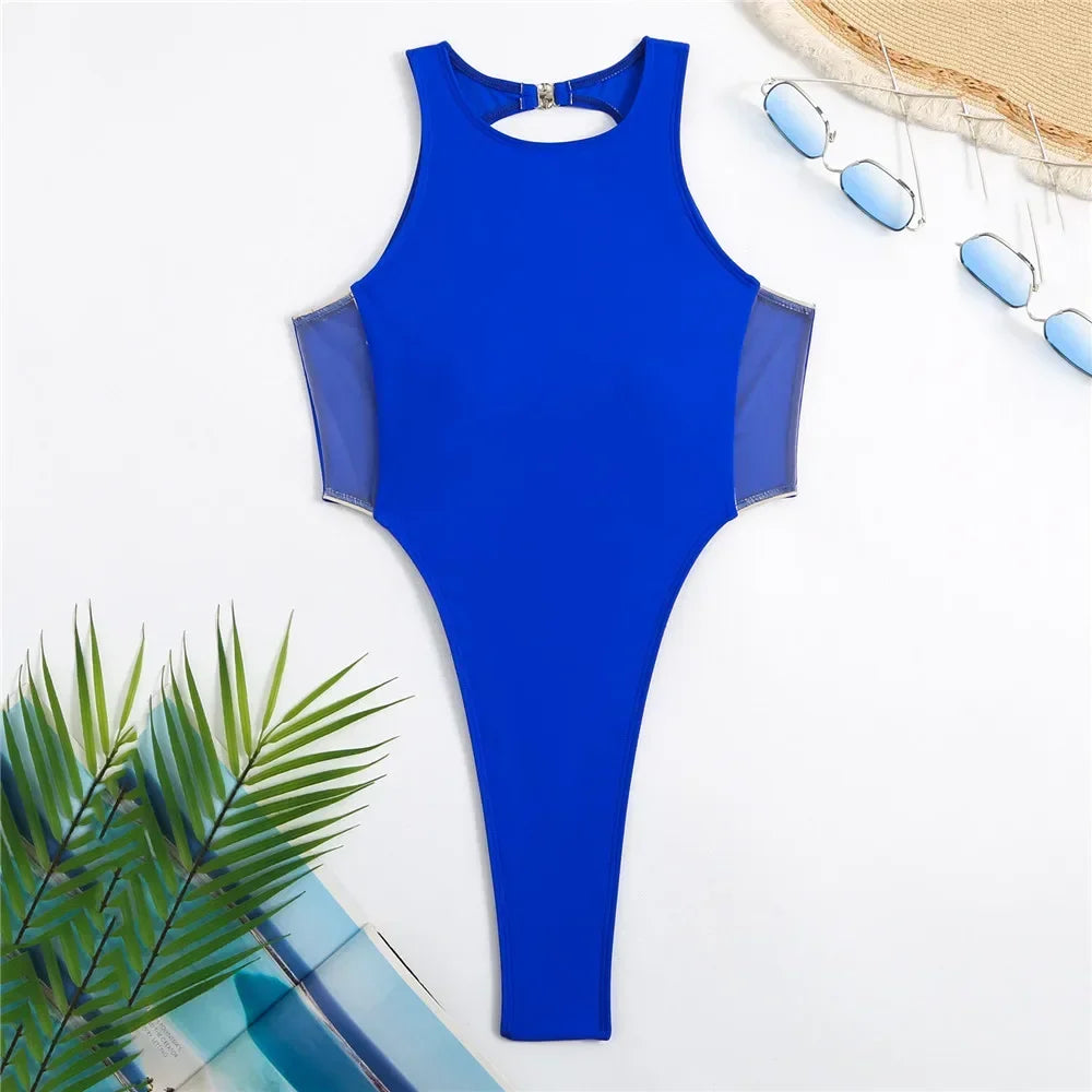 Blue High-cut Swimsuit With Sheer Mesh Panels on Luulla