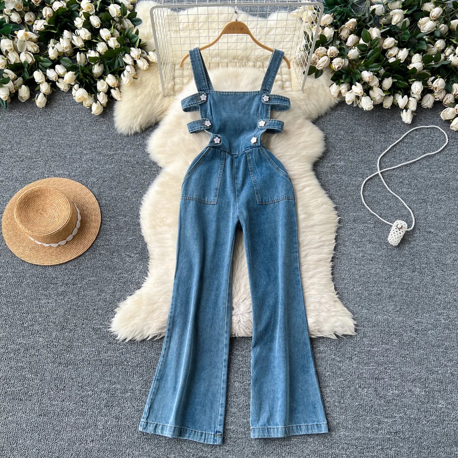 Stylish Denim Overalls With Adjustable Buckle Straps on Luulla