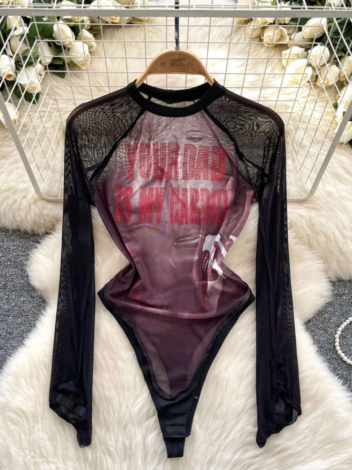 Long Sleeve Mesh Sheer Bodysuit Statement Print on Luulla