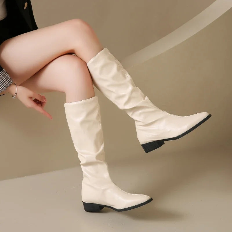 Stylish Knee-high Cream Leather Boots For Women on Luulla