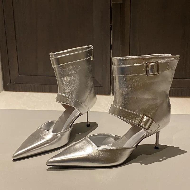 Silver Pointed Heels With Straps And Buckles on Luulla